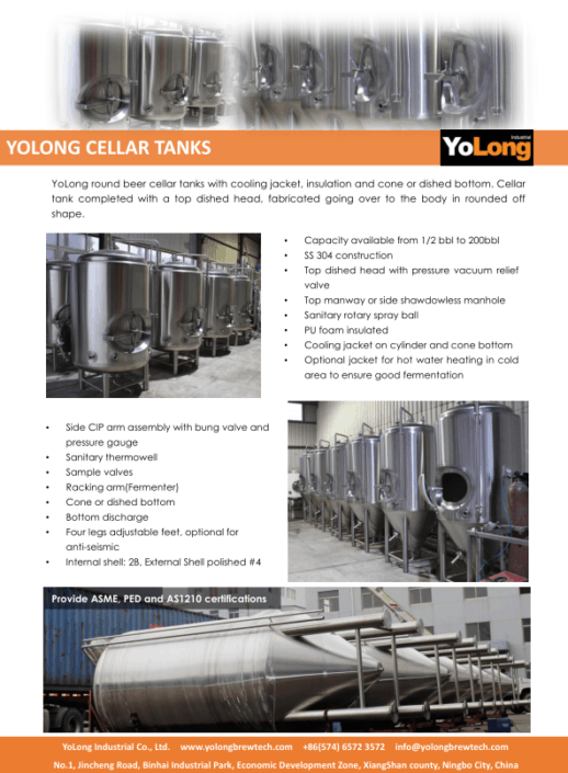 YoLong brewery equipment, brewing system, certificates for fermenters